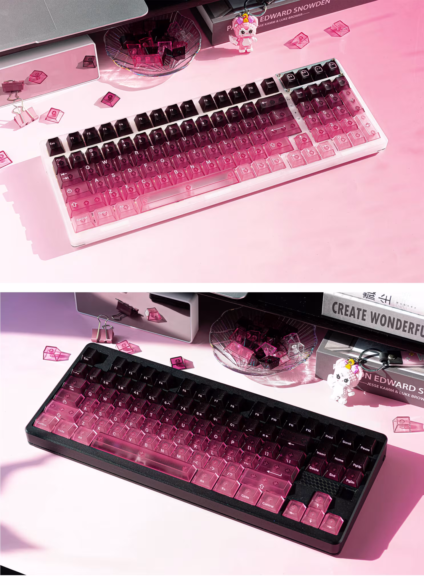 Black Pink Gradient Translucent PC Keycaps 124 Keys
