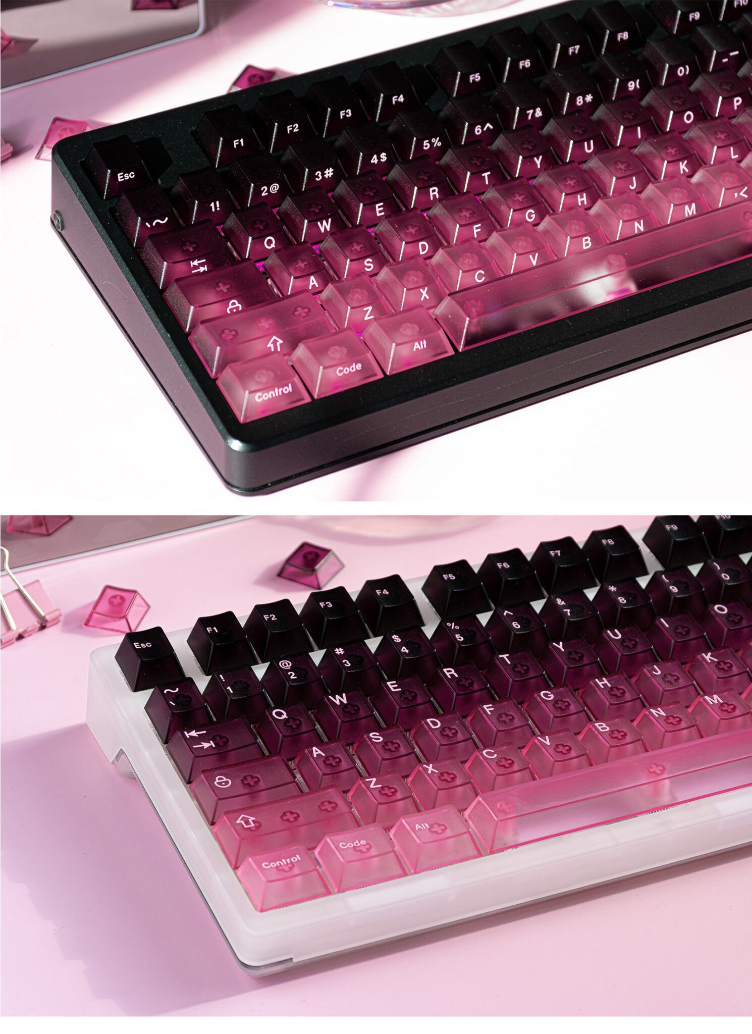 Black Pink Gradient Translucent PC Keycaps 124 Keys